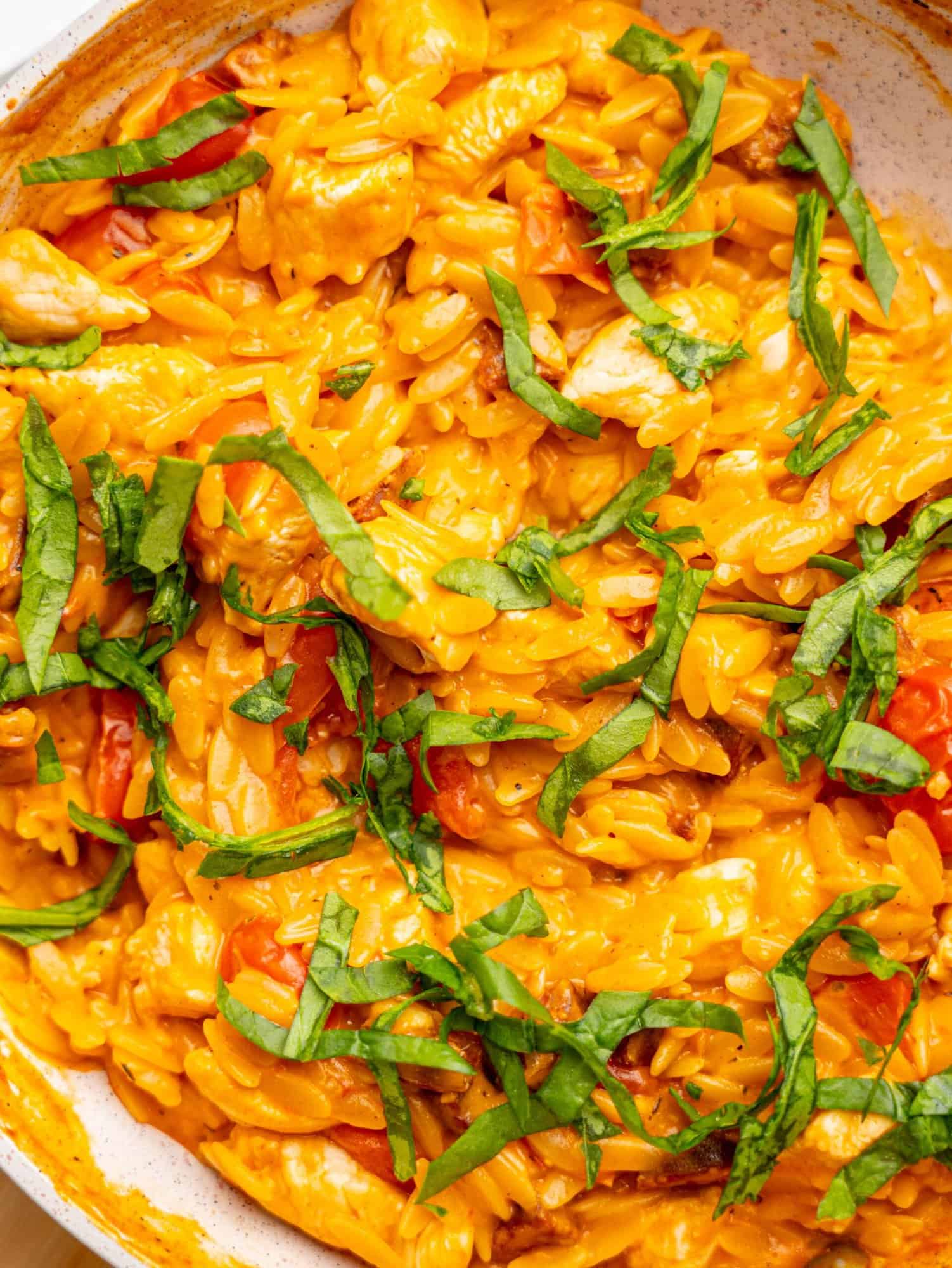 One Pan Creamy Cajun Chicken and Chorizo Orzo