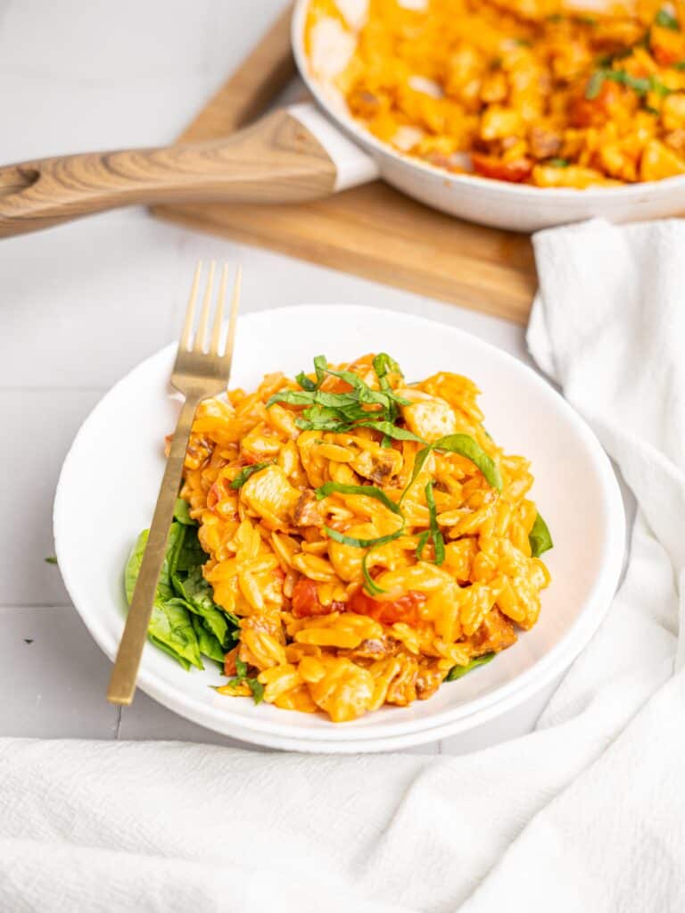 20 minute Chicken and Chorizo Orzo - made in one pan!